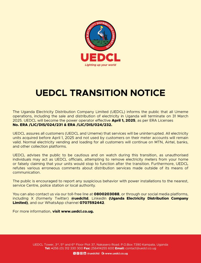 UEDCL Takes Over Electricity Distribution From April 1st