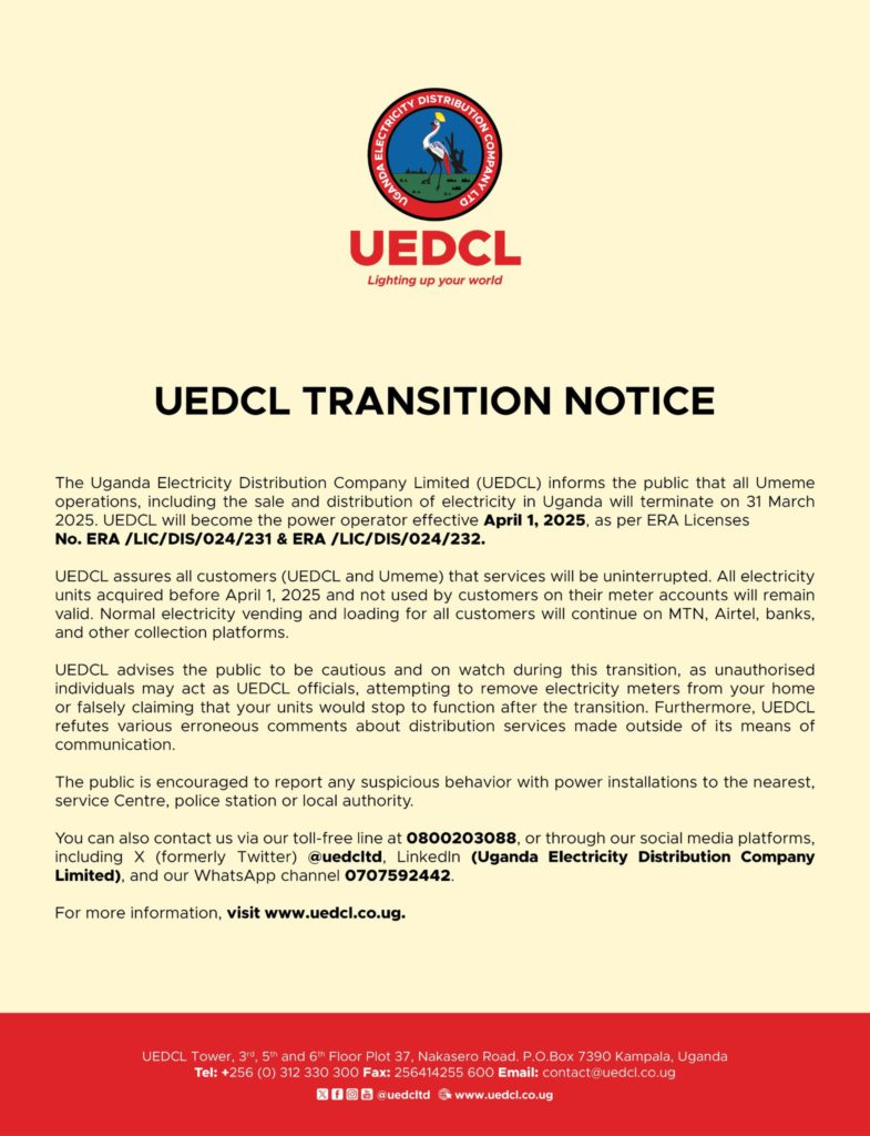 UEDCL Takes Over Electricity Distribution From April 1st